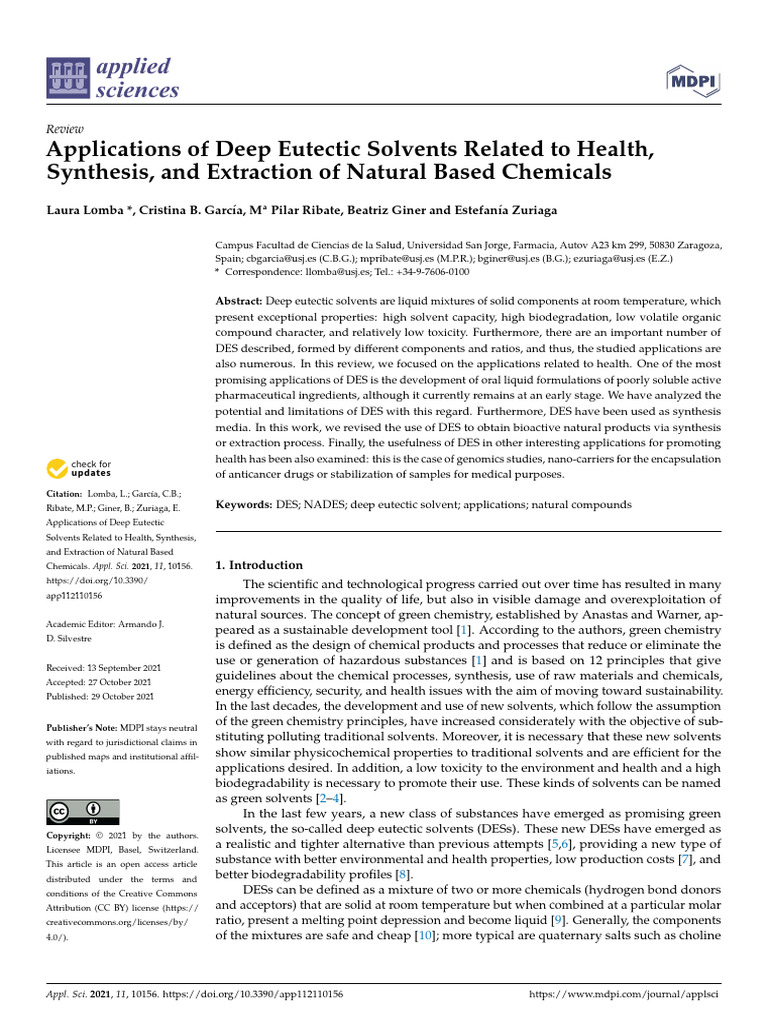 Deep Eutectic Solvents in Health Applications | PDF | Green Chemistry ...
