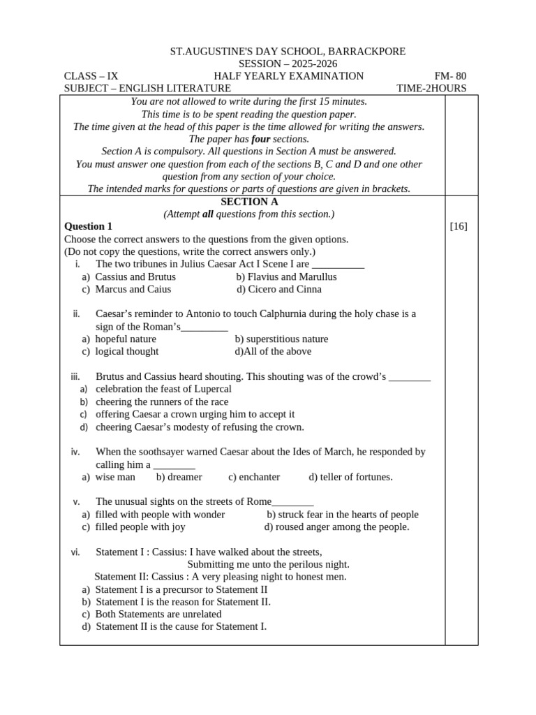 Class IX English Literature Exam 2025-26 | PDF | Julius Caesar