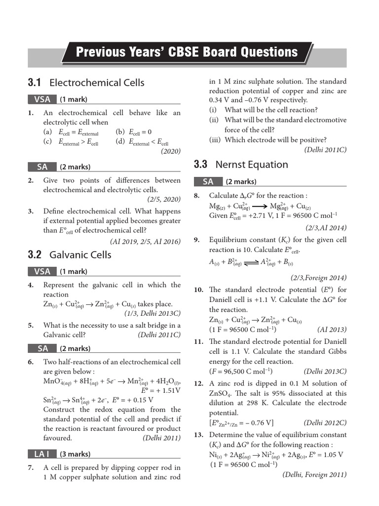 Electrochem 105 PYQs Only No Solution | PDF | Electrochemistry | Galvanic Cells