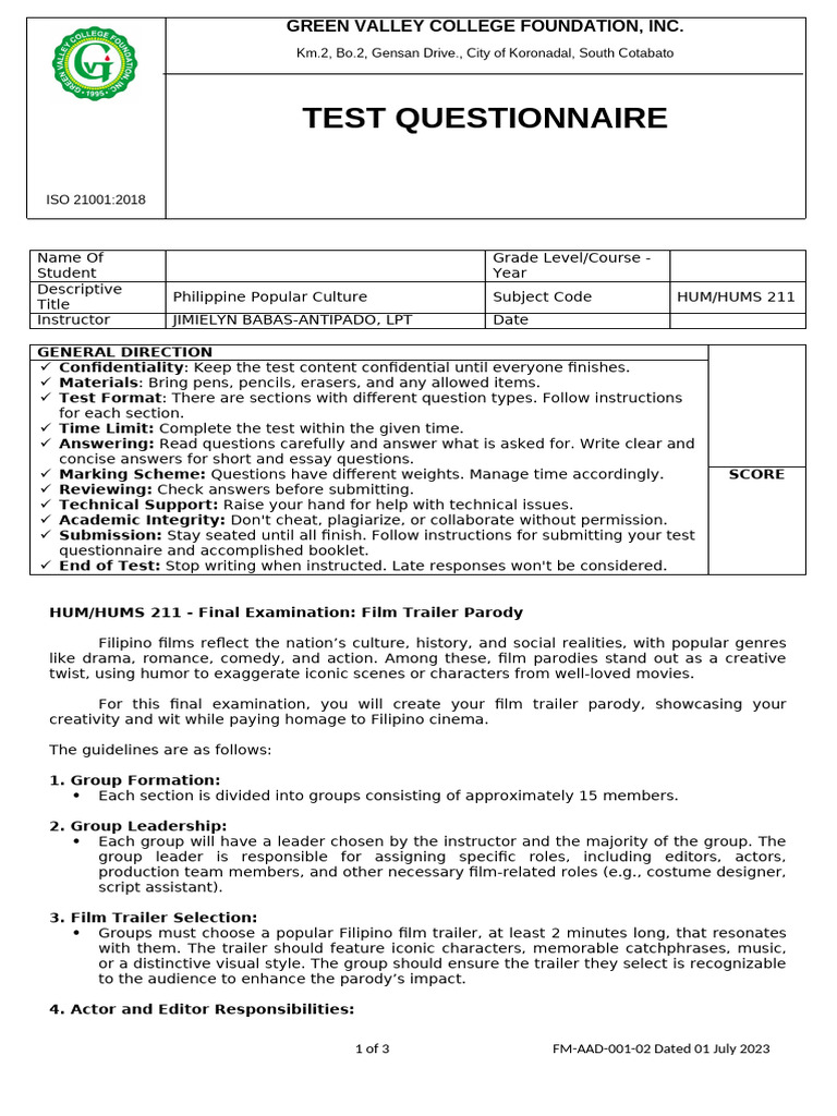 Finals Hum-hums 211-Test Questionnaire Form | PDF