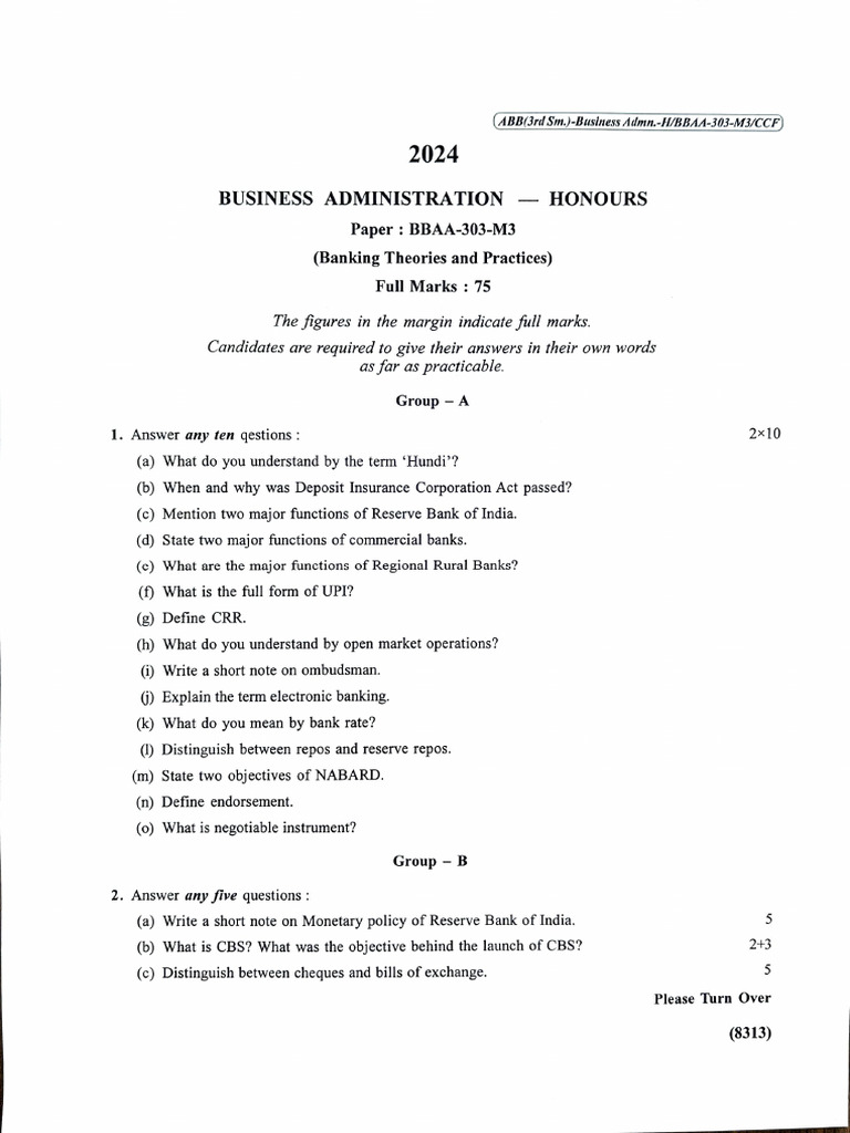 BBA Sem-3 CCF Banking Theories and Practice QP 2024 | PDF | Reserve ...