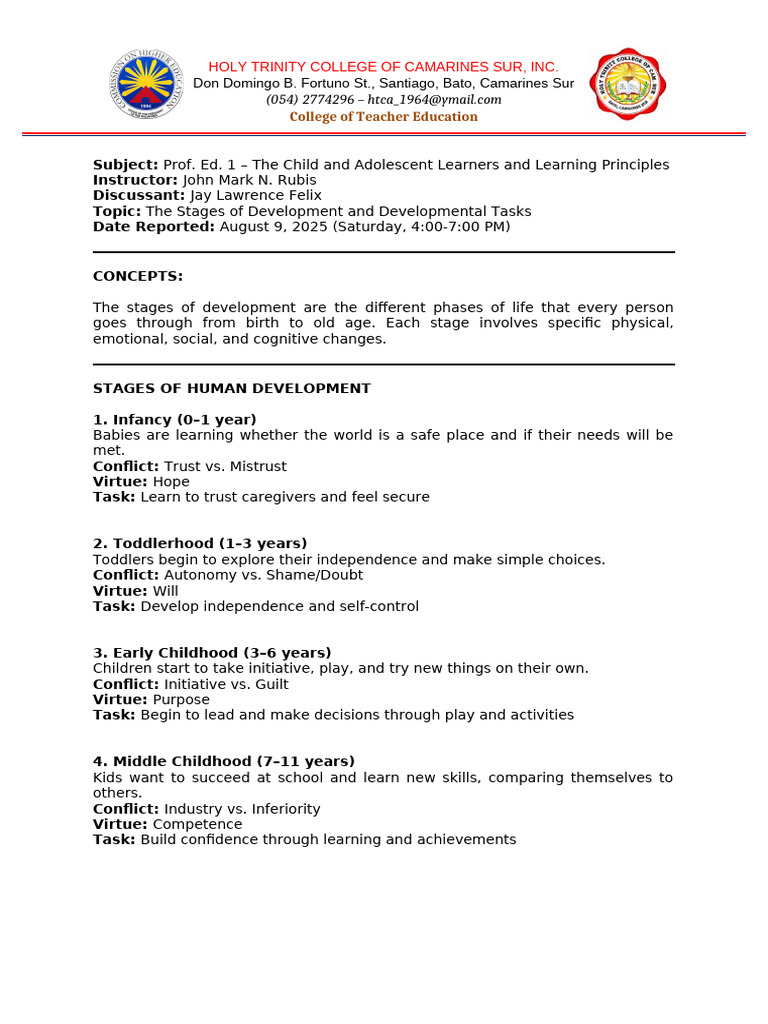 Stage of Human Development HANDOUTS | PDF | Family | Youth