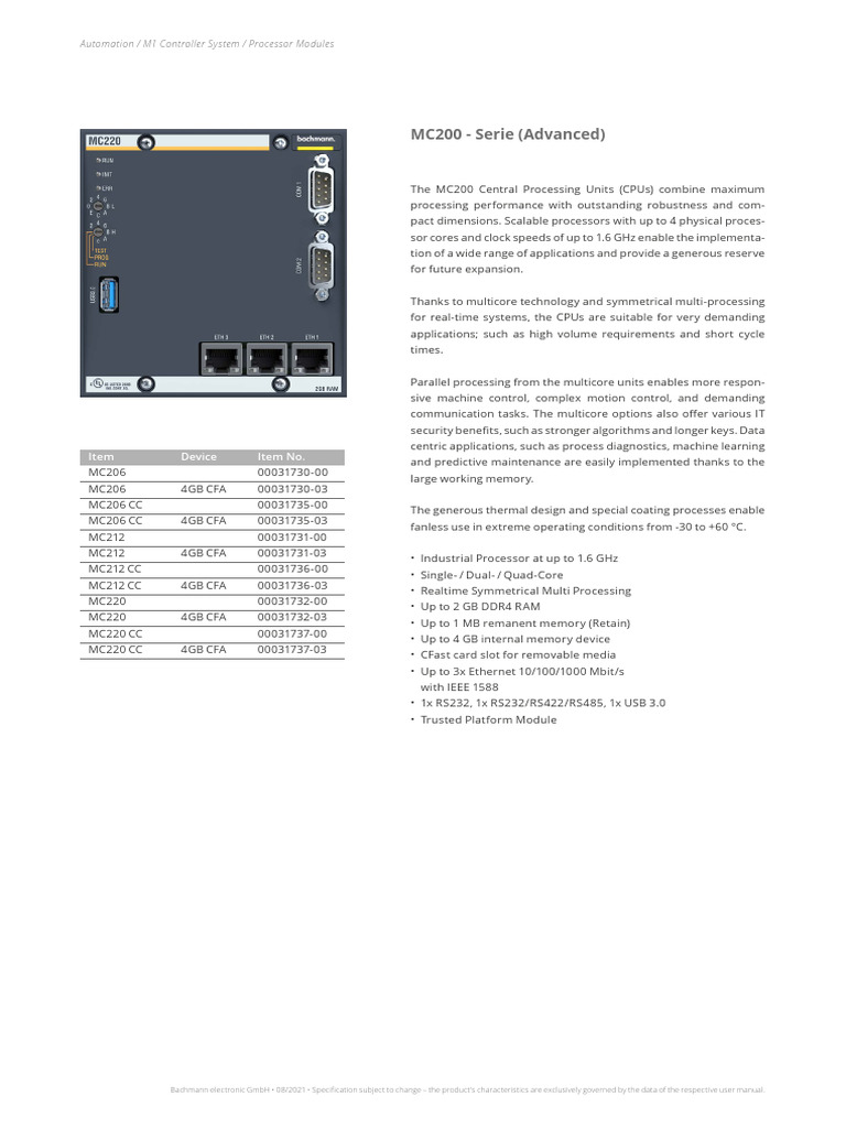 Bachmann - Processor Datasheet - MC206 - MC212 - MC220 | PDF | Central Processing Unit | Multi ...