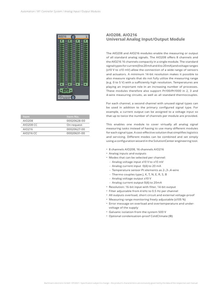 Bachmann - Analog IO Module Datasheet - AIO216 | PDF | Analog To ...