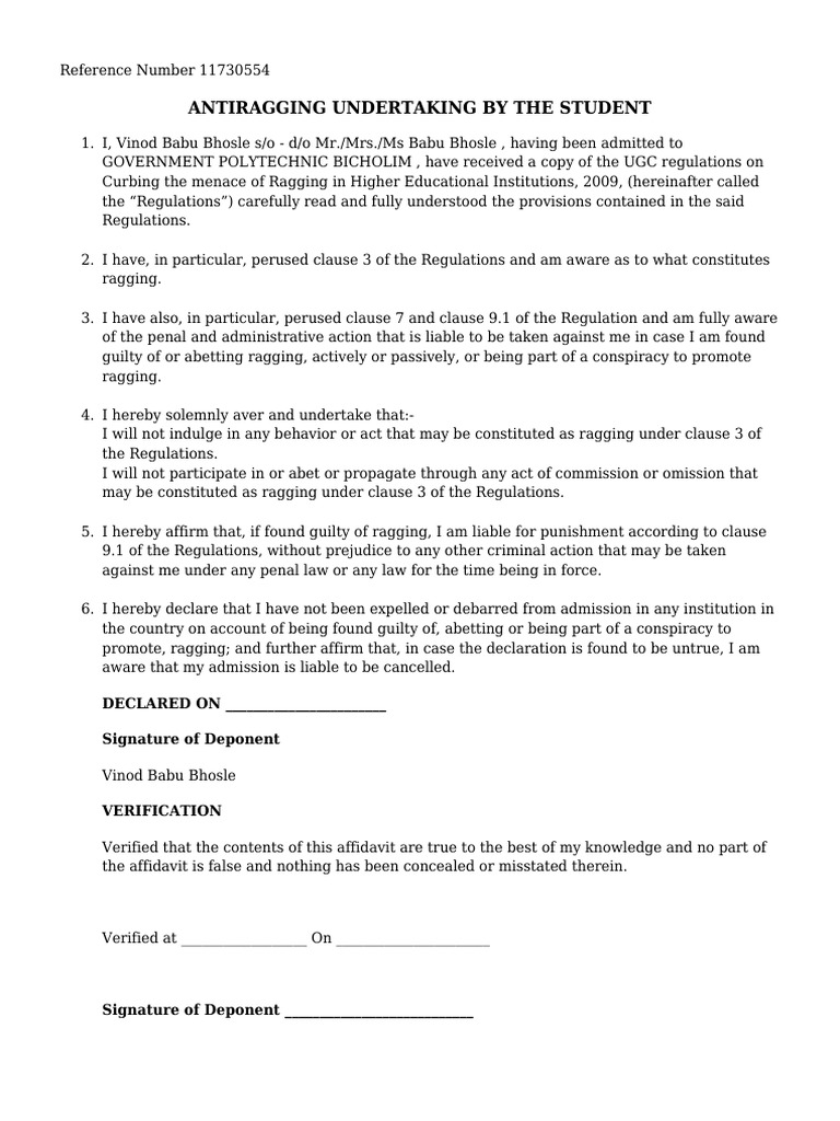 Anti Ragging Affidavit Form | PDF | Affidavit
