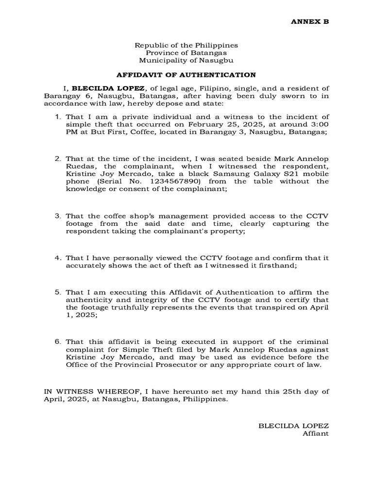 Affidavit of Authentication for Theft Case | PDF