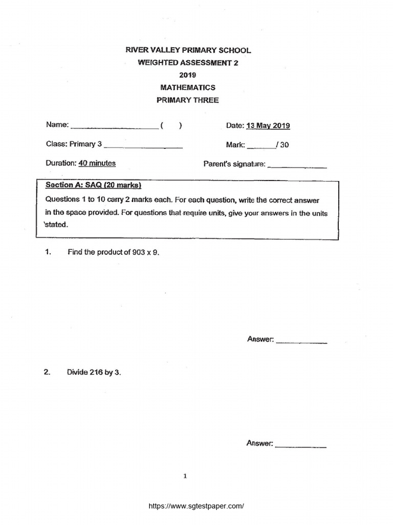 P3 Maths SA1 2019 River Valley Exam Papers | PDF