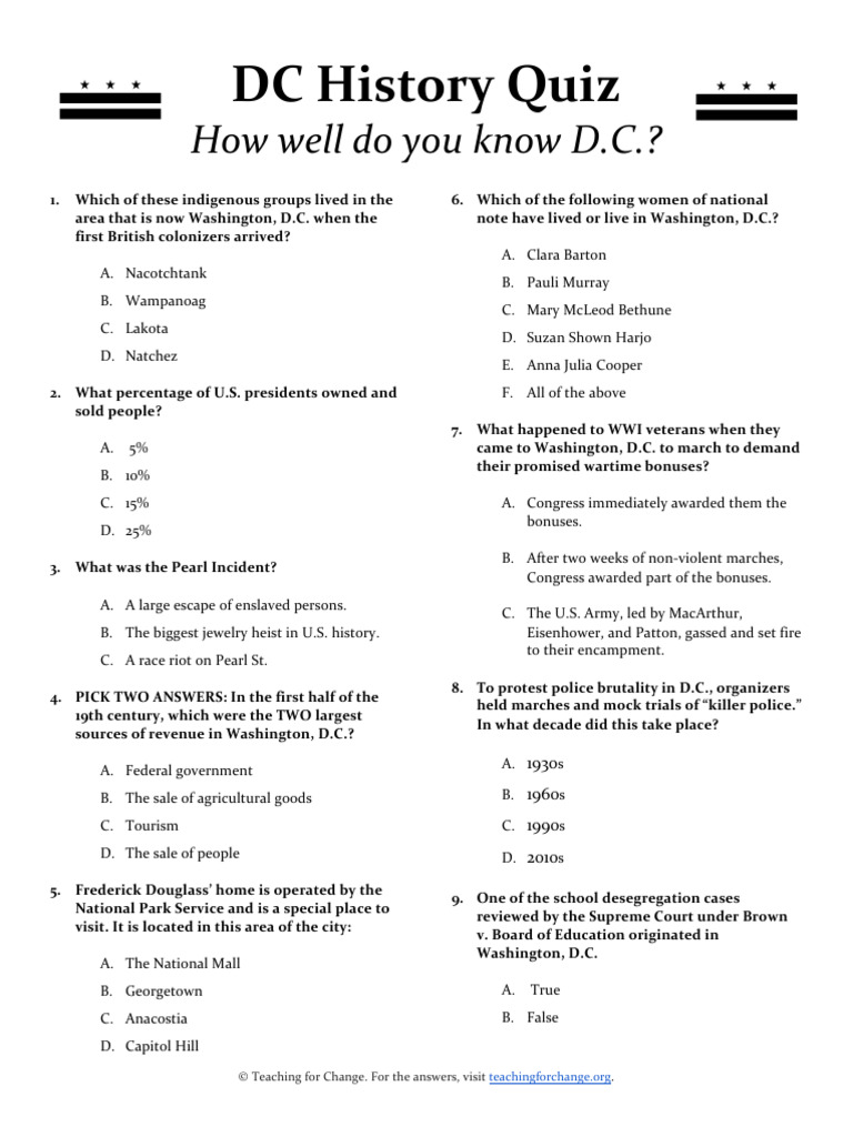 DC History Quiz PDF Jan182017 | PDF | Washington | The United States
