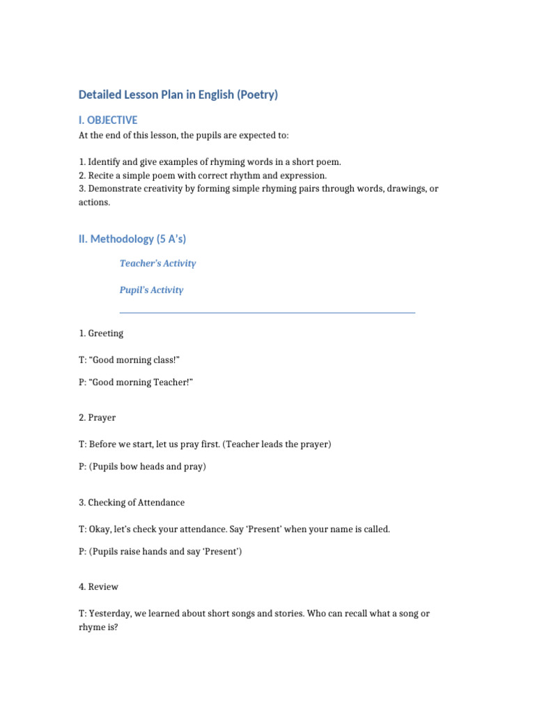 Grade1 Poetry LessonPlan Detailed | PDF | Poetry | Rhyme