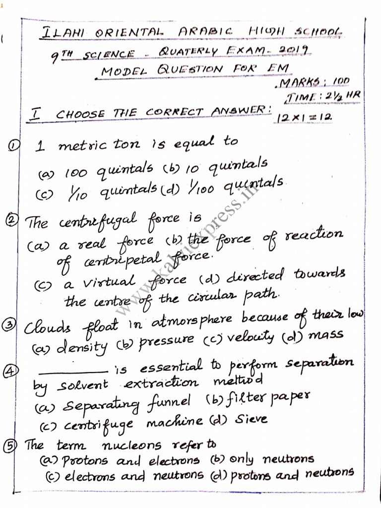 9 TH Science Quarterly Model Question Paper EM - Kalviexpress | PDF