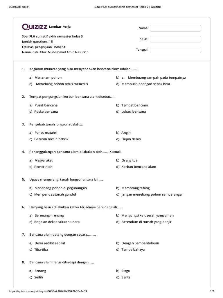Soal PLH Sumatif Akhir Semester Kelas 3 _ Quizizz | PDF