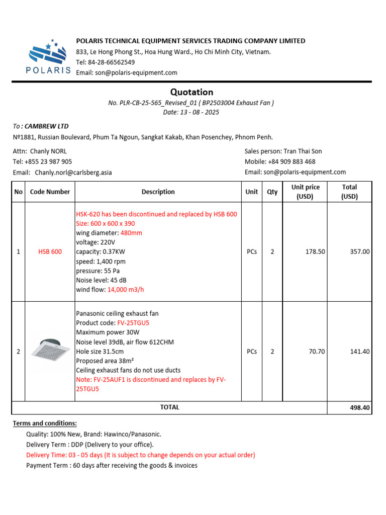 Exhaust Fan Quotation for Cambrew Ltd | PDF