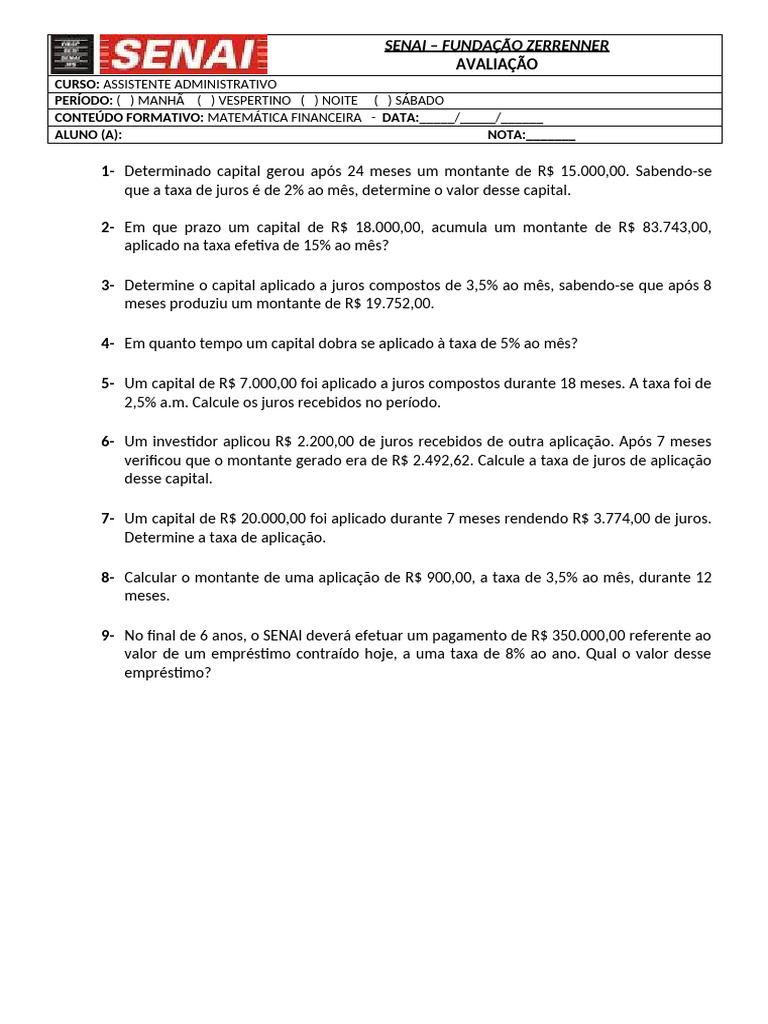 Avaliação Juros Simples Financeira Zerrenner | PDF