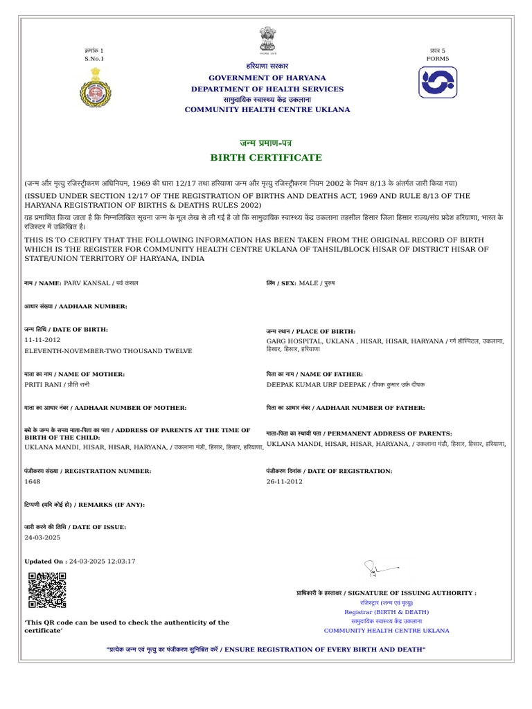 Parv Kansal Birth Cet | PDF