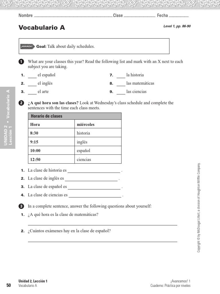 Vocabulario de Horarios Escolares | PDF