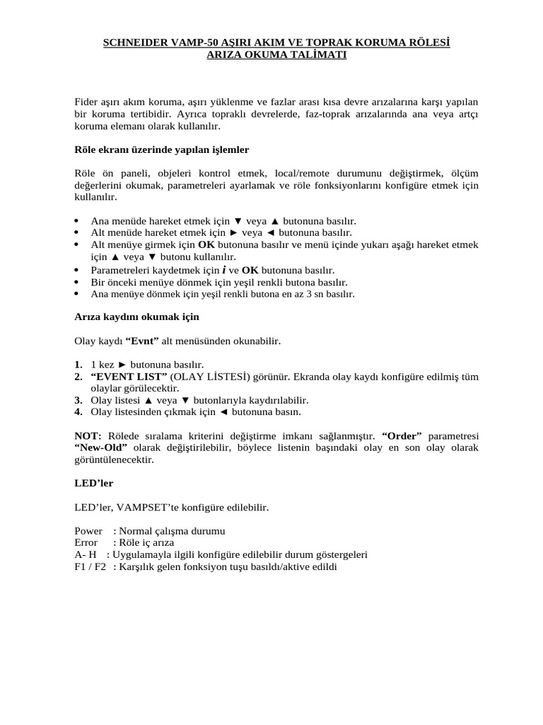 SCHNEIDER VAMP-50 Ariza Okuma Talimati | PDF