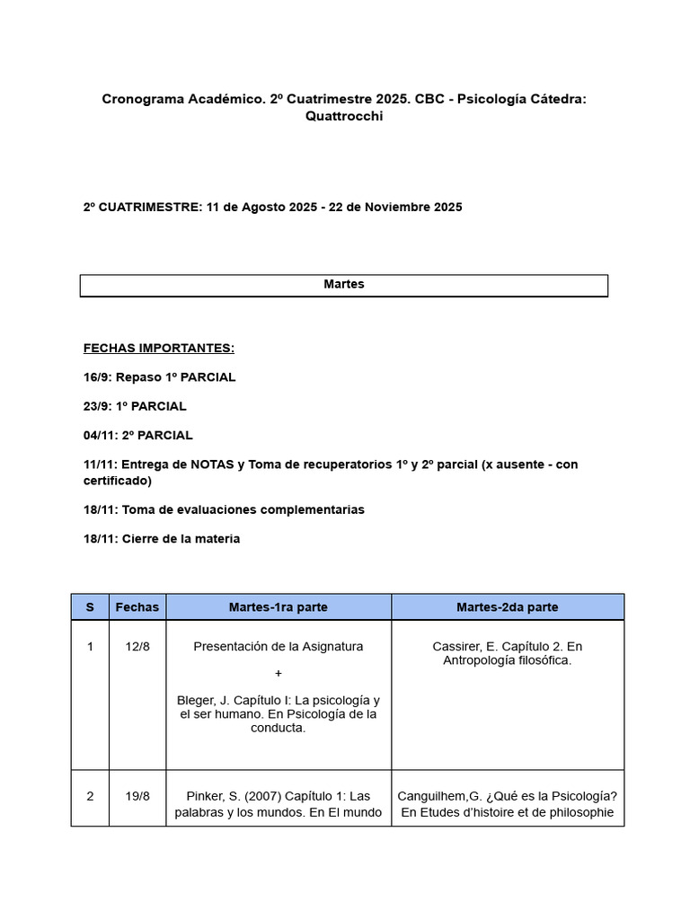 Cronograma Sede Pilar 2c 2025 | PDF | Sicología | Ciencias del ...