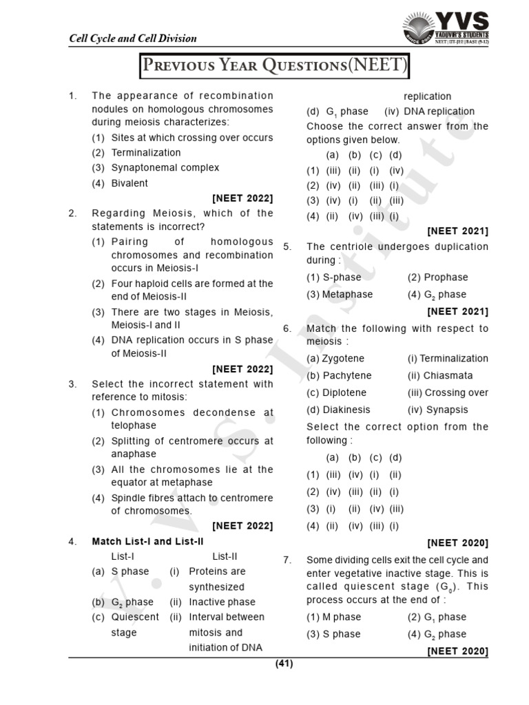 NEET Questions on Cell Cycle & Division | PDF | Meiosis | Mitosis