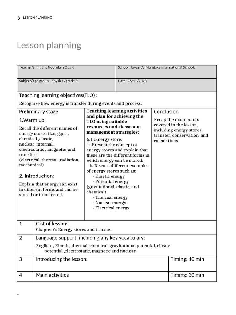 Lesson Plan Physics Chapter 6.1 | PDF | Potential Energy | Kinetic Energy
