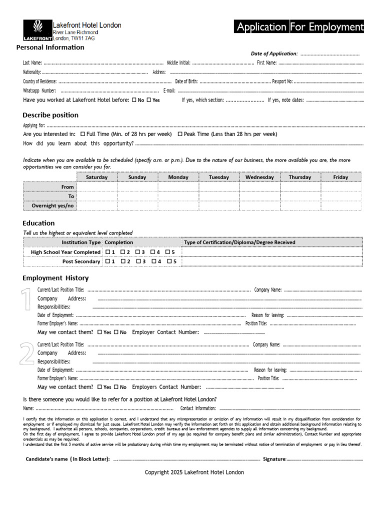 Lakefront Hotel Job Application Form | PDF