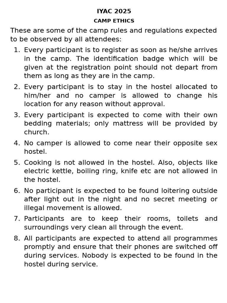 Iyac 2025 Camp Ethics And Rules Pdf