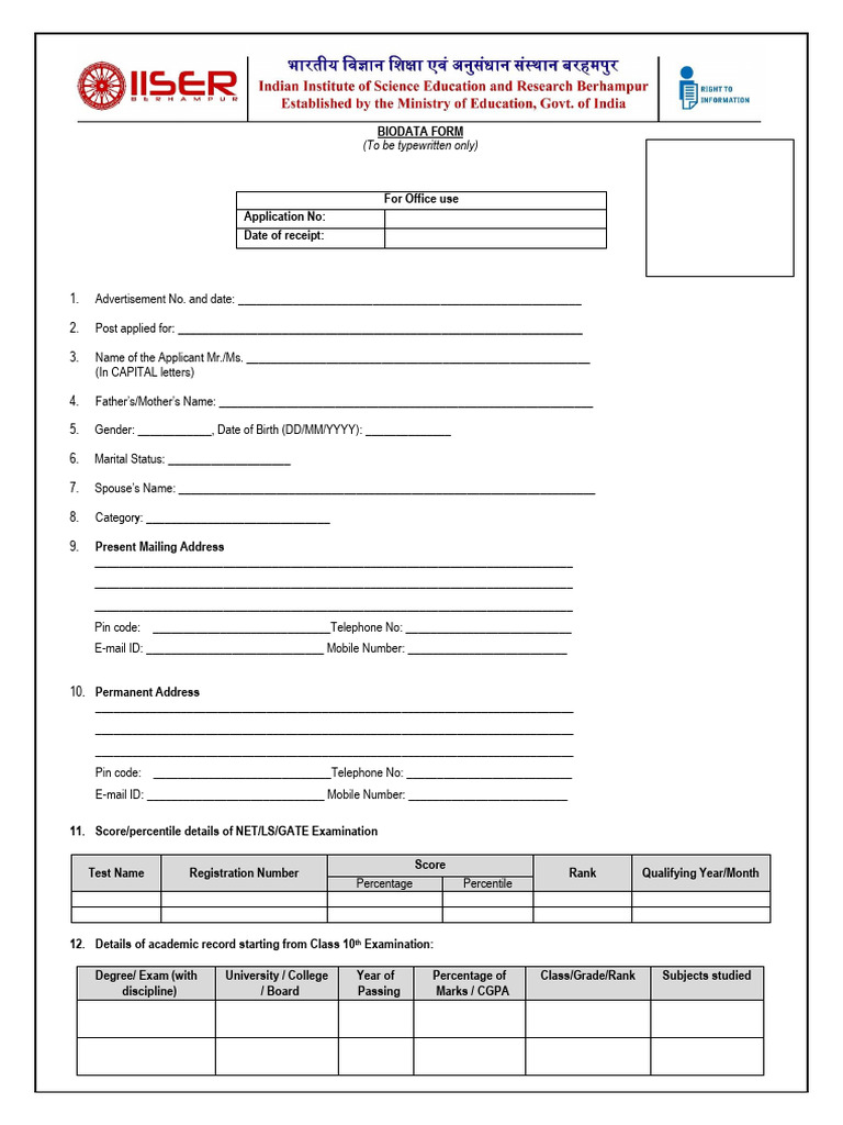 IISER Biodata Form For The Post of Project Nurse | PDF