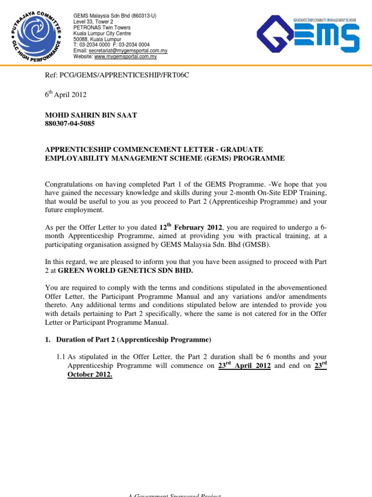 Letter of Offer Part 2 Gems Programme-Mohd Sahrin Bin Saat | PDF ...