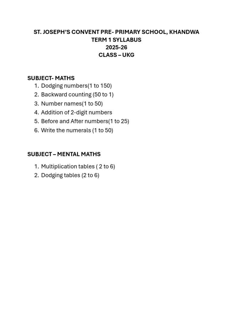 Maths Syllabus Ukg | PDF