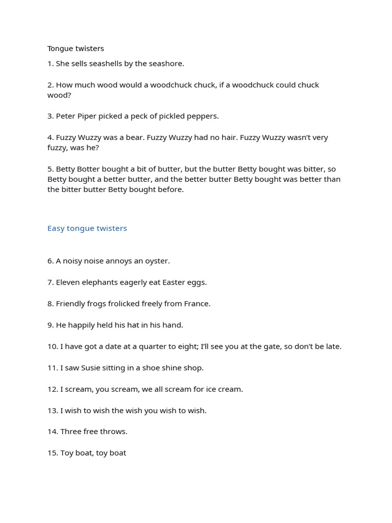 Fun and Challenging Tongue Twisters | PDF