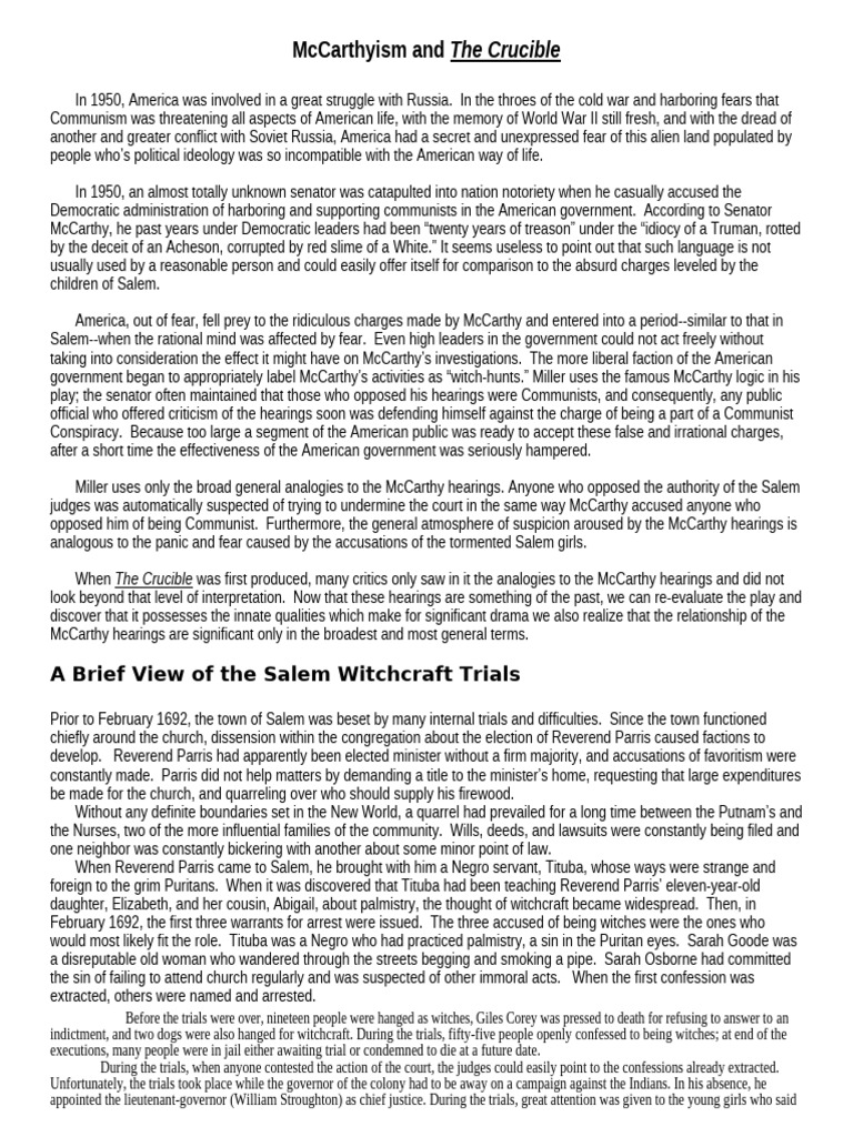 McCarthyism and Salem Witch Trials Analysis | PDF | Joseph Mc Carthy ...