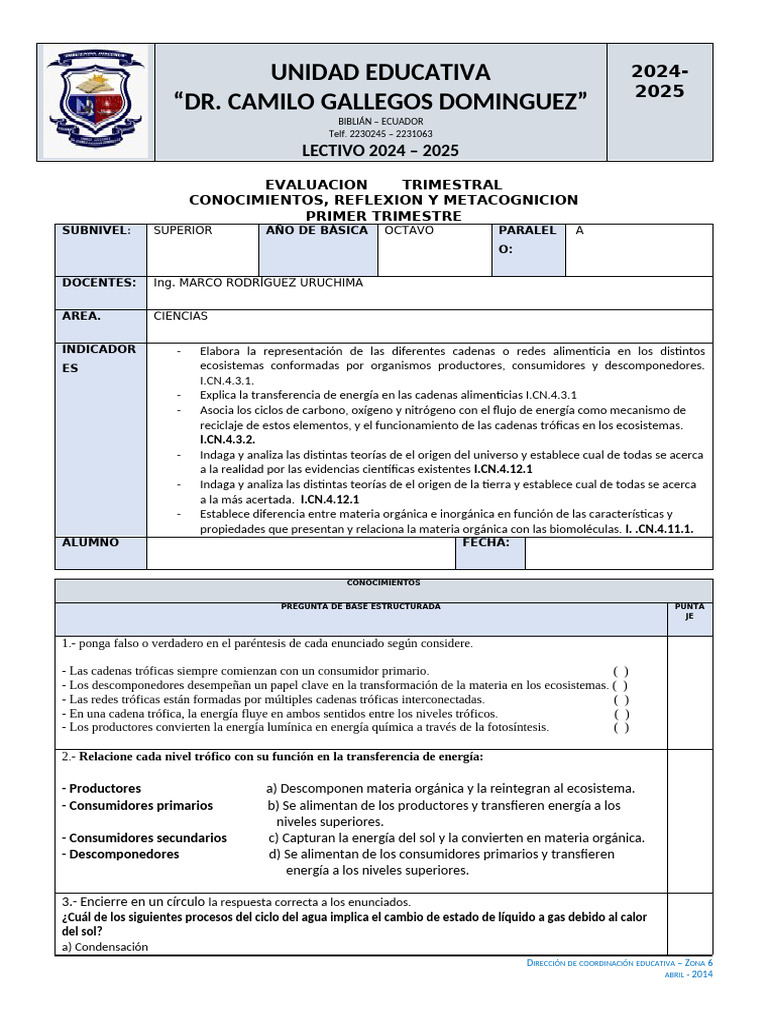 Evaluacion Segundo Trimestre CCNN Octavo | PDF | Red alimentaria | Abiogénesis