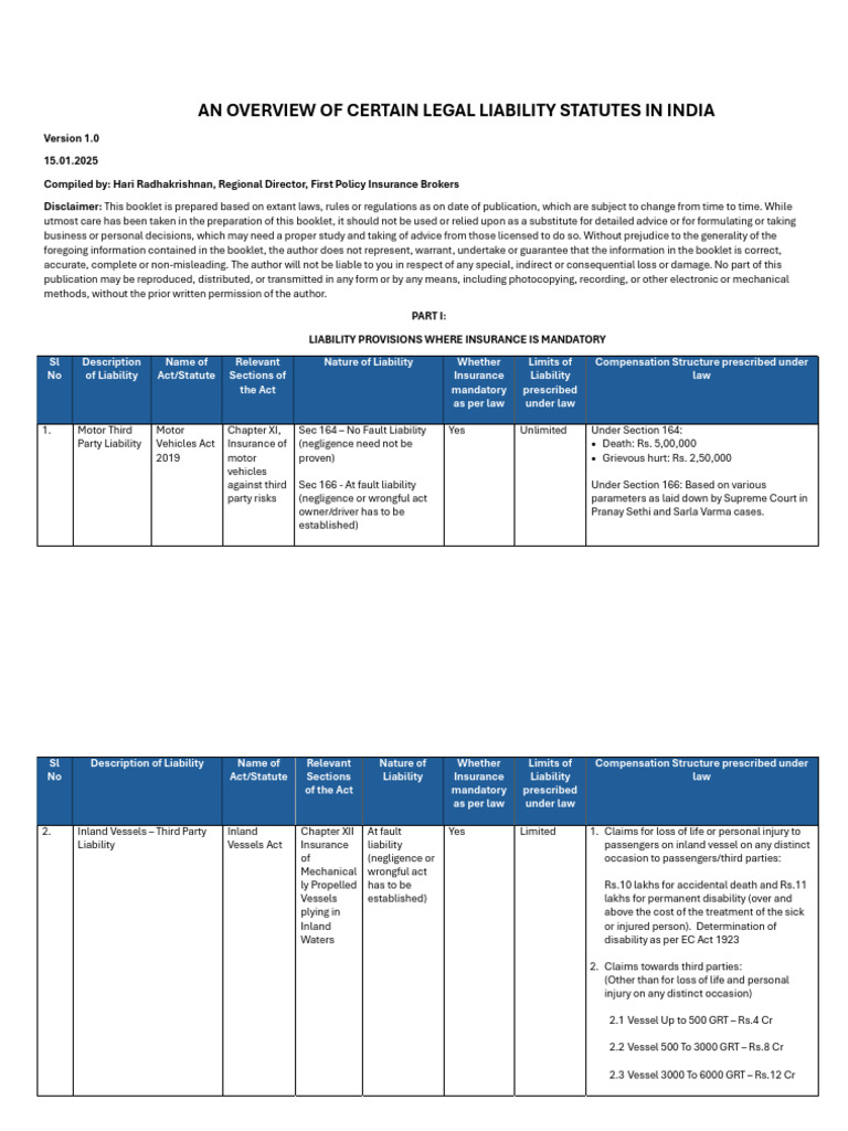 Overview of Legal Liability Statutes in India | PDF | Insurance ...