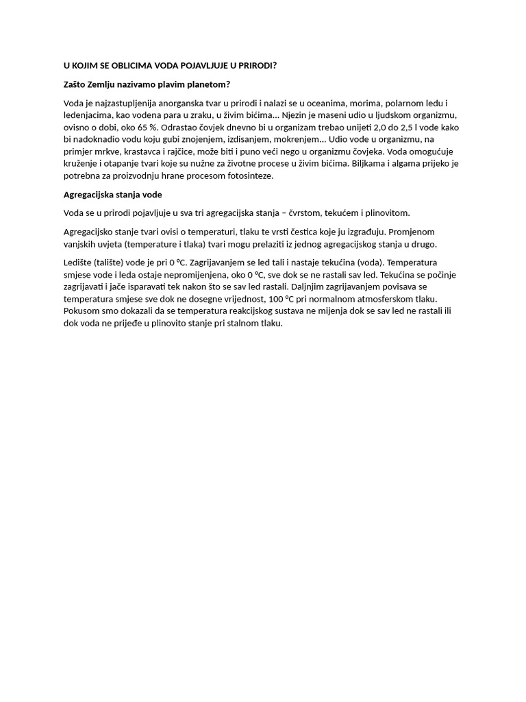 U Kojim Se Oblicima Voda Pojavljuje U Prirodi | PDF