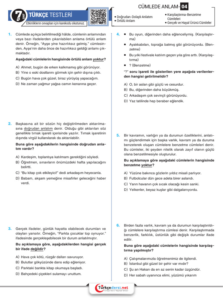 Sinif Indirilebilir Testler Cumlede Anlam MB 04 | PDF