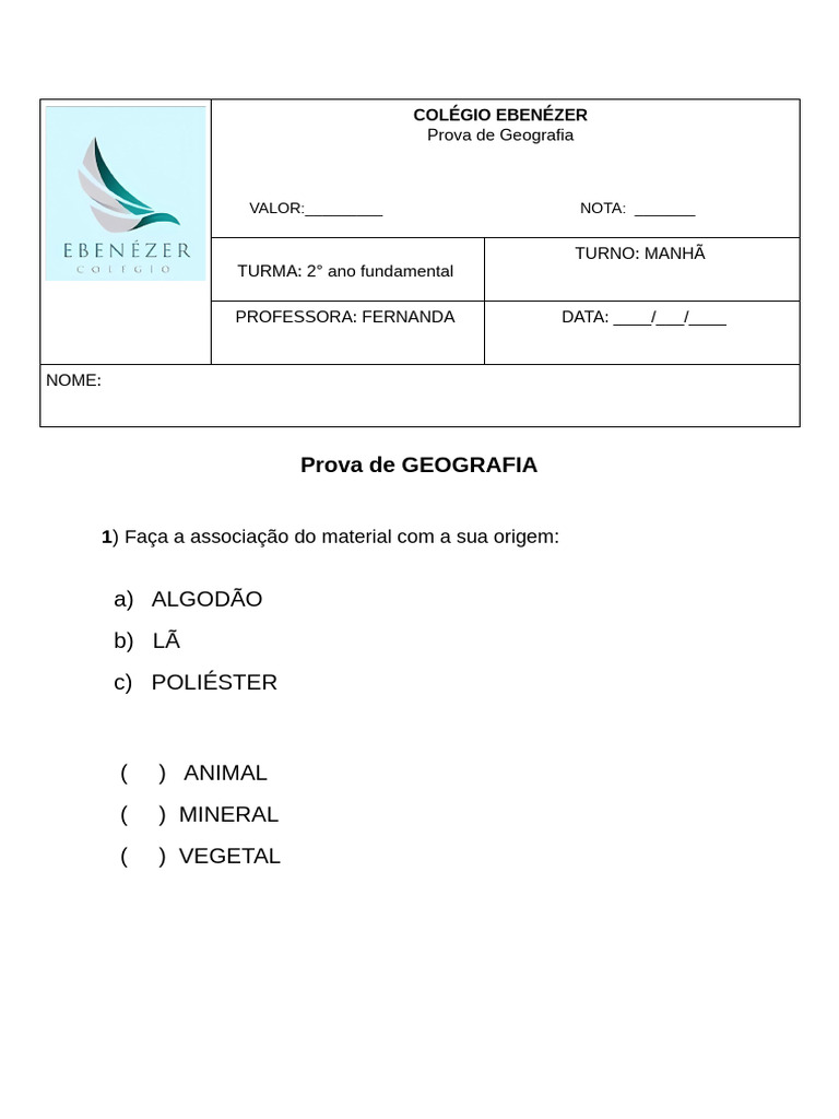 prova geo 2 ano | PDF