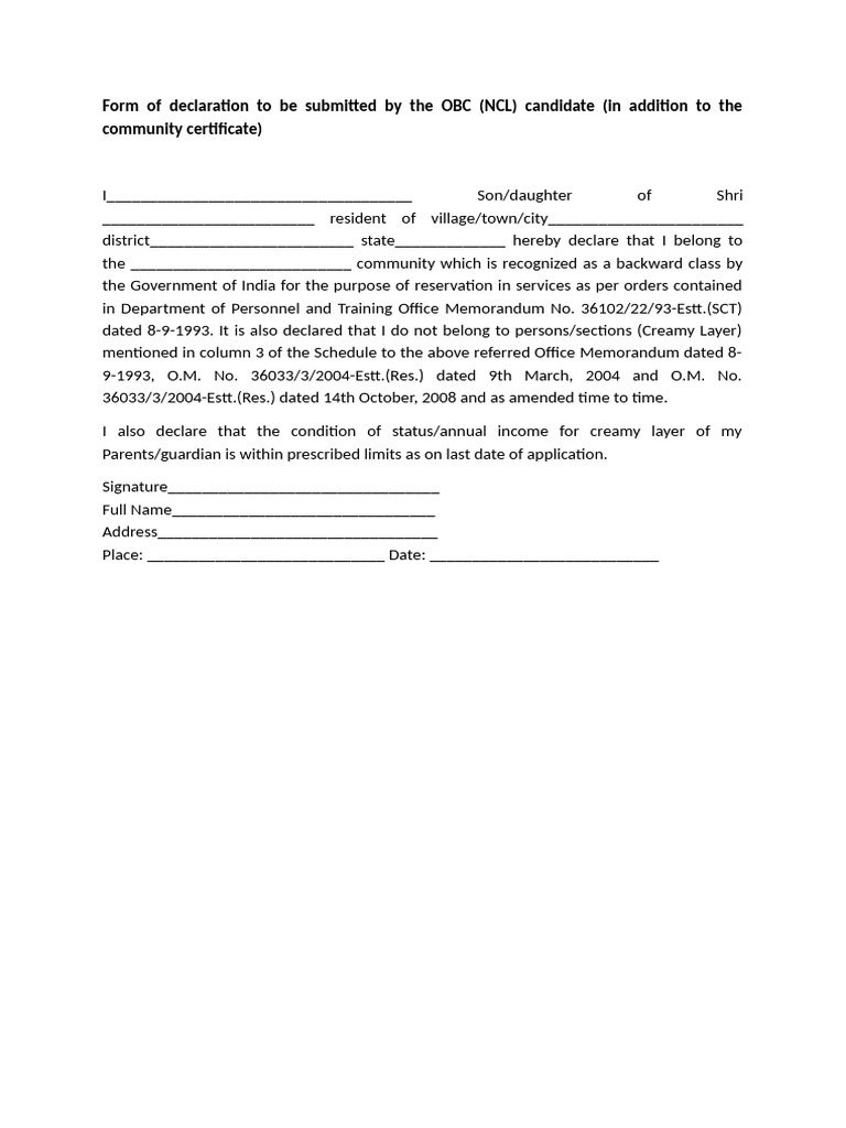 Form of Declaration to Be Submitted by the OBC | PDF