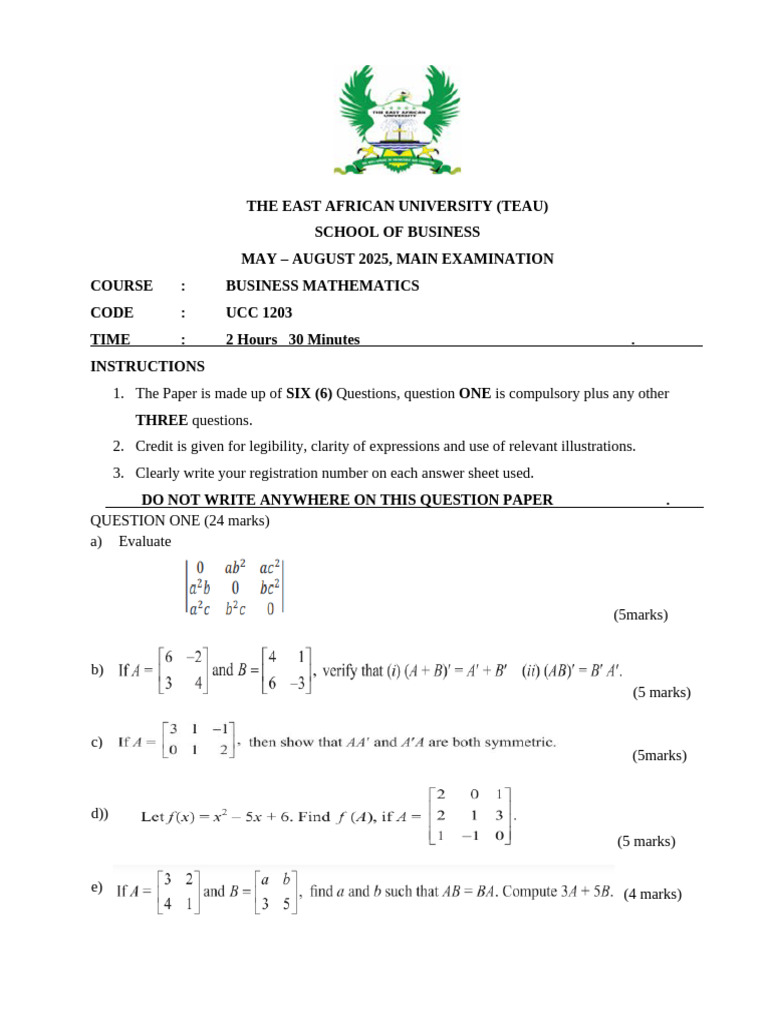 Business Mathematics Question Paper (1) | PDF | Differential Calculus ...