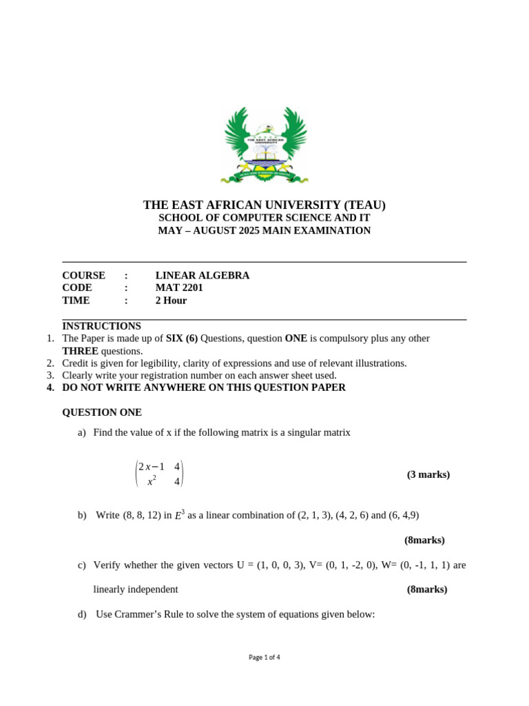MAT 2201-Linear Algebra - Docm | PDF | Basis (Linear Algebra) | Mathematical Physics