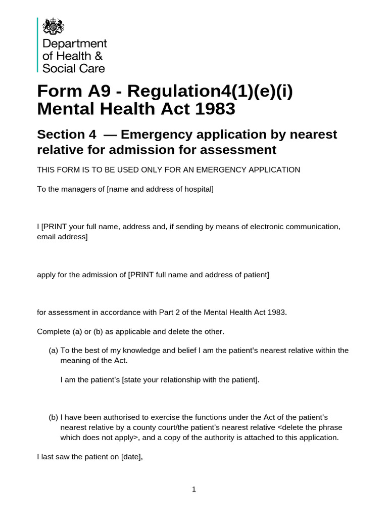 Emergency Admission Application Form A9 | PDF