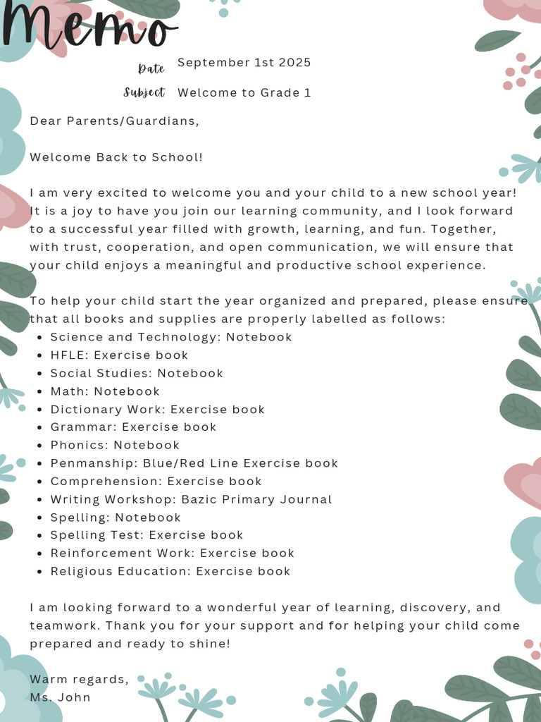 Grade 1 Welcome Back Memo | PDF