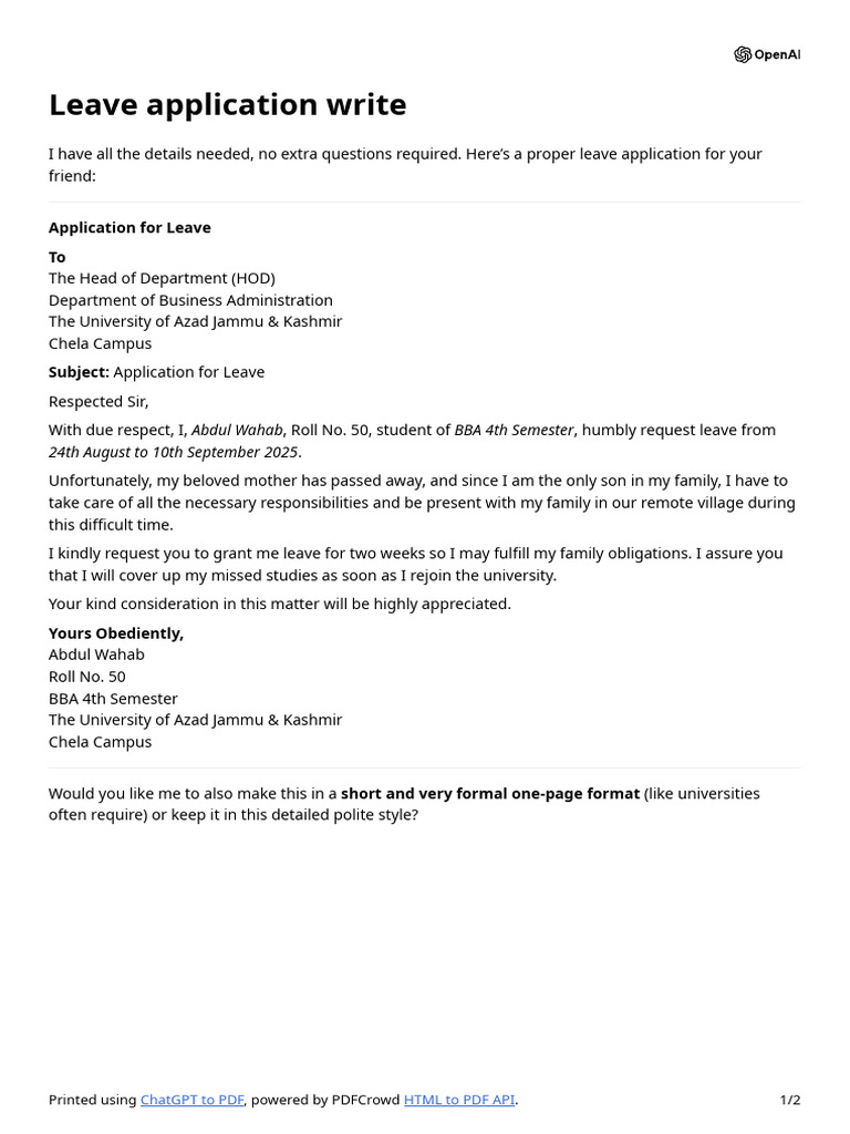 Leave Application for Family Emergency | PDF