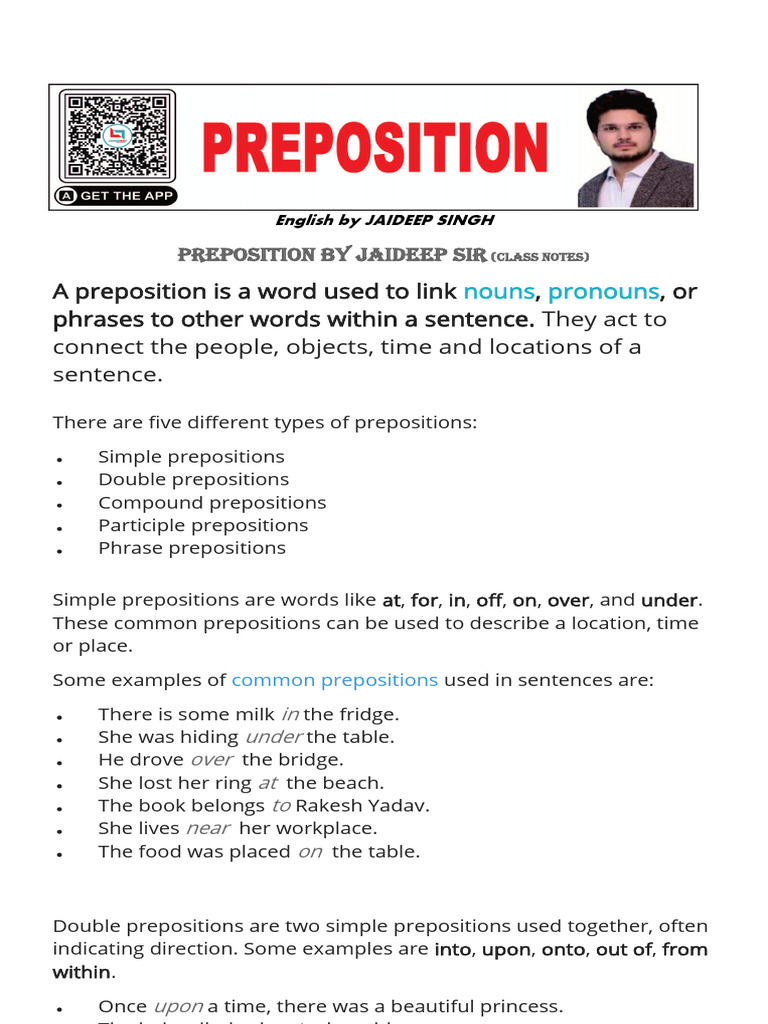 Preposition Class Notes Part - 1 | PDF | English Language | Word