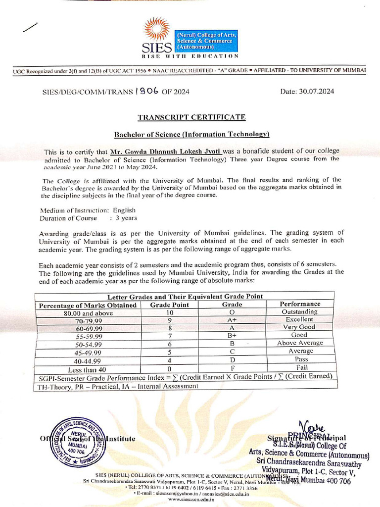 Dhanush Gowda Bachelor Grading System | PDF