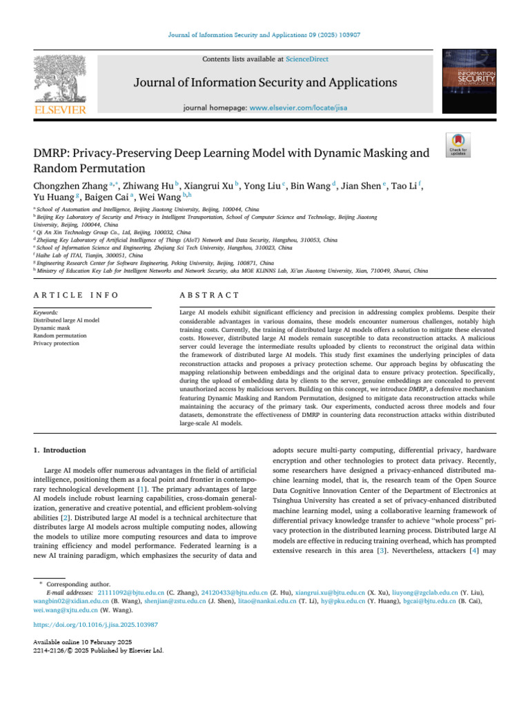 DMRP Privacy Preserving Deep Learning Model W 2025 Journal of Information S | PDF | Artificial ...