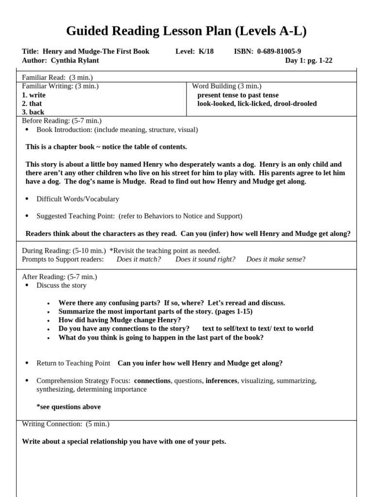 Henry and Mudge the First Book Level K 2 | PDF | Reading Comprehension ...