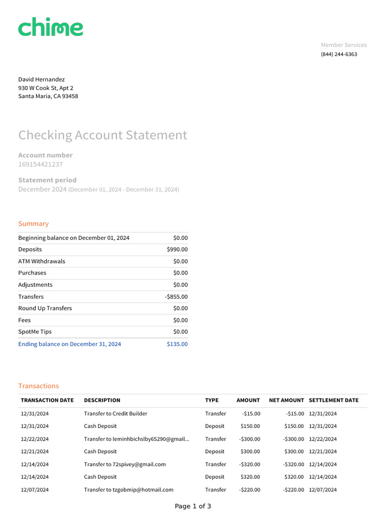 Chime Checking Account Statement Summary | PDF | Transaction Account ...