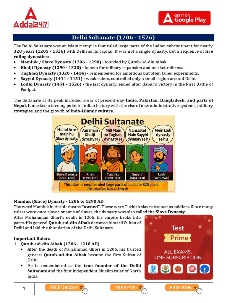 Delhi Sultanate Overview (1206-1526) | PDF