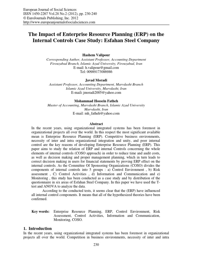 The Impact of Enterprise Resource Planning (ERP) On The Internal Controls Case Study: Esfahan ...