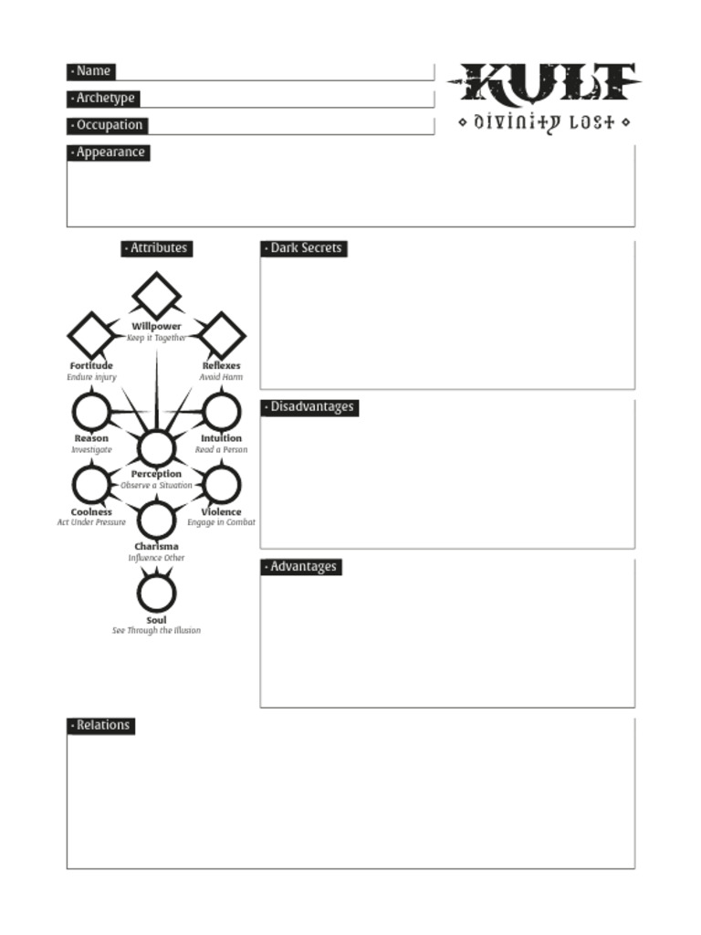 KULT Divinity Lost Character Sheet | PDF