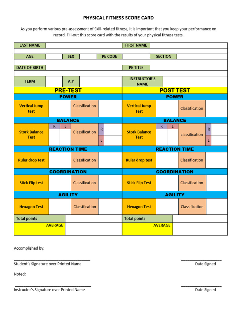 Physical Fitness Score Card Template | PDF